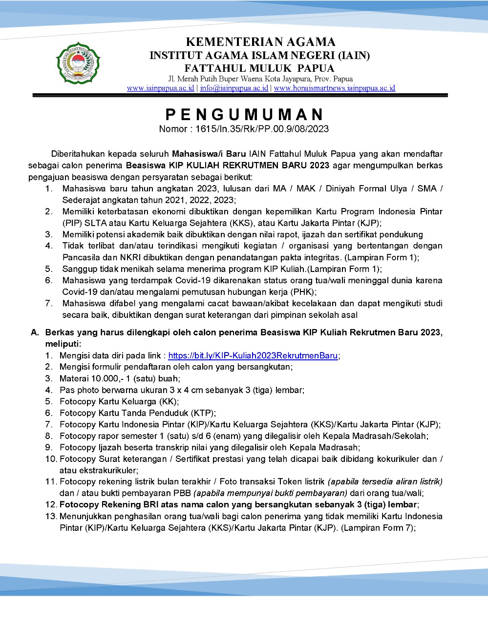 PENGUMUMAN BEASISWA KIP KULIAH REKRUTMEN BARU TAHUN 2023 IAIN FATTAHUL MULUK PAPUA - IAIN ...